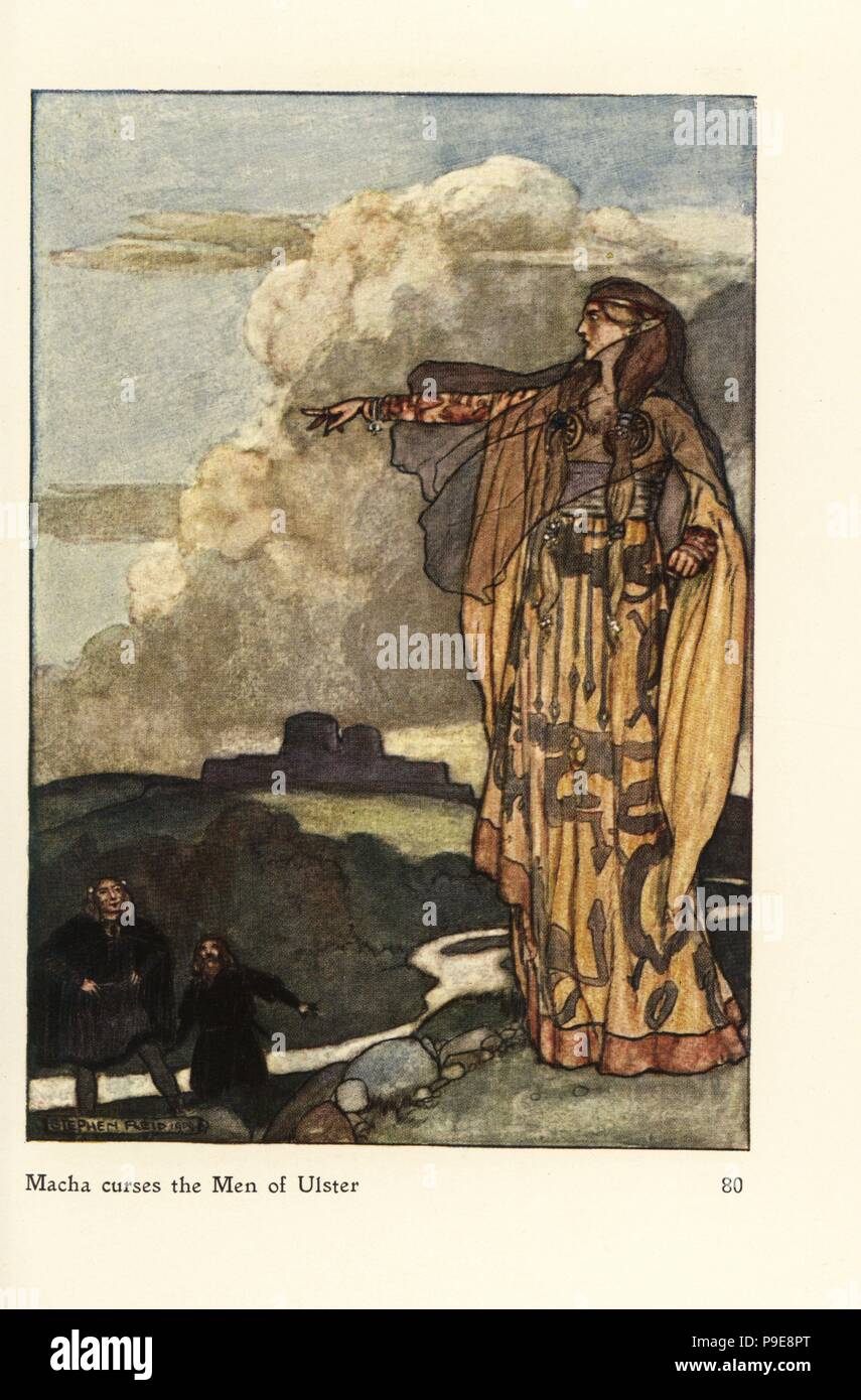 The goddess Macha curses the Men of Ulster. Chromolithograph after an ...