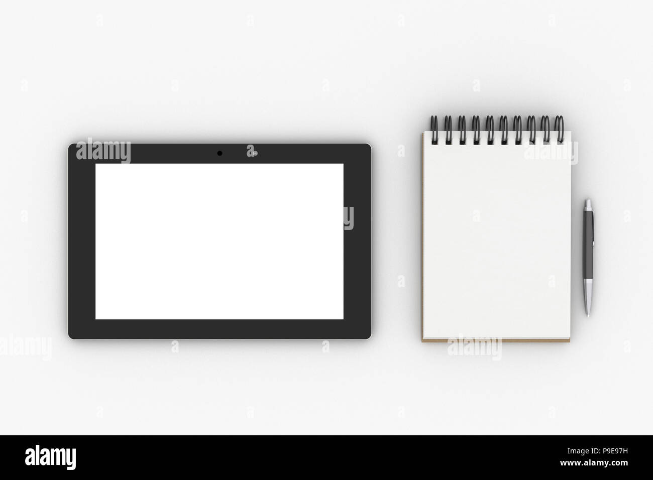 Blank screen tablet pc and notepad with pen isolated on white ...