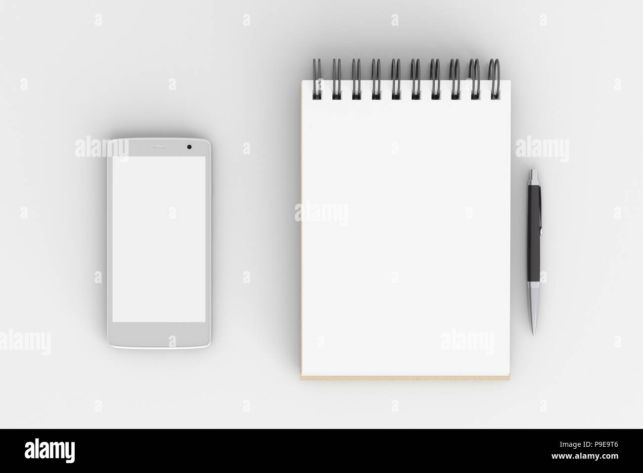 Blank screen smartphone and notepad with pen isolated on white ...