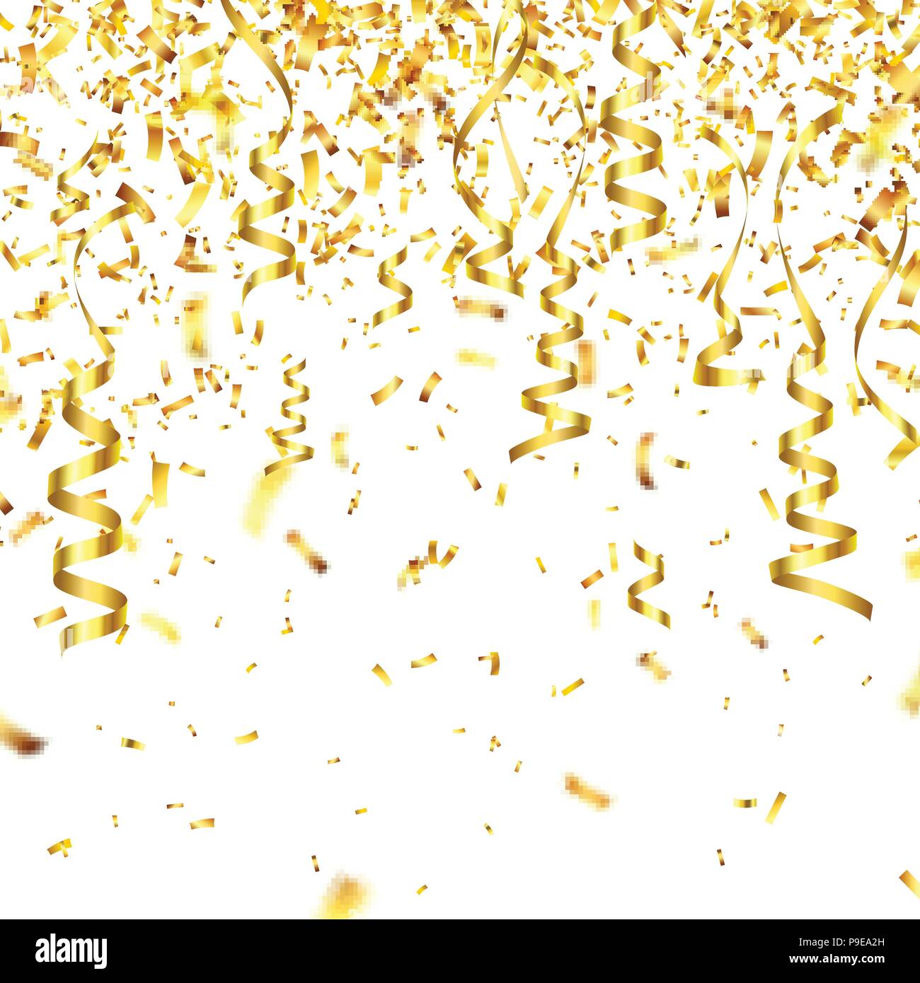 Golden confetti with ribbon. Falling shiny confetti glitters in gold ...