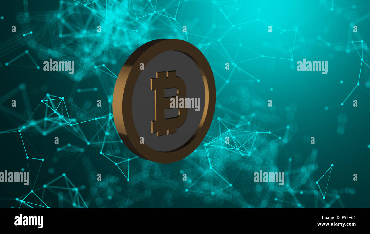 Bitcoin coin and many network connections, computer generated abstract ...
