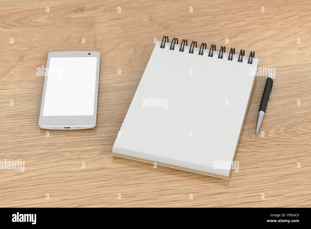 Blank screen smartphone and notepad with pen isolated on wooden ...