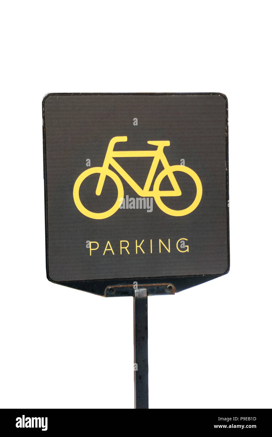 square yellow bicycle parking sign on white background Stock Photo - Alamy