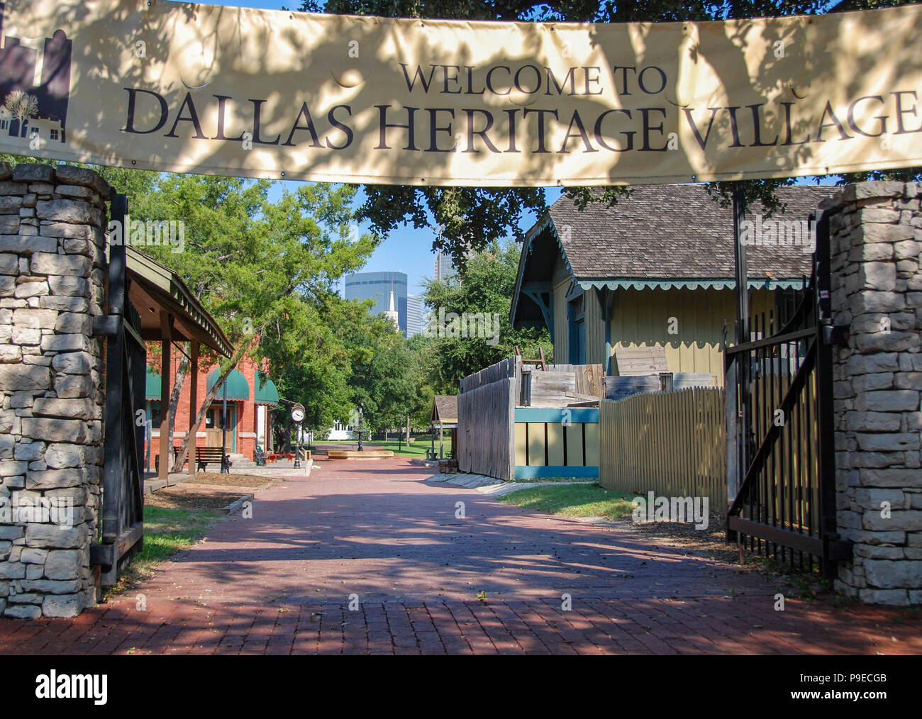 banner over the entrance to the Dallas Heritage Village, a museum near ...