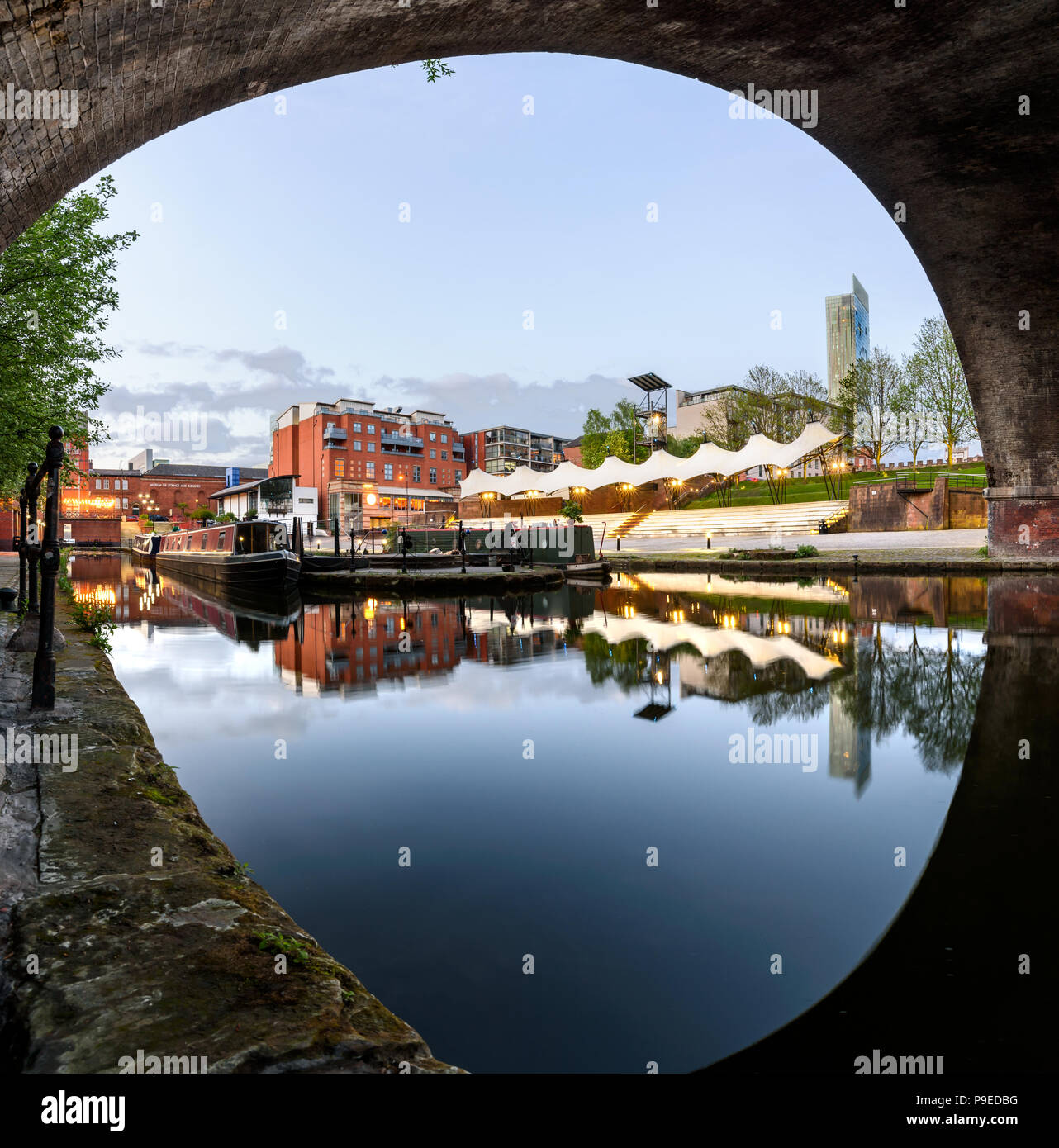 Framed view of Castlefield Bowl and the Bridgewater Canal at ...