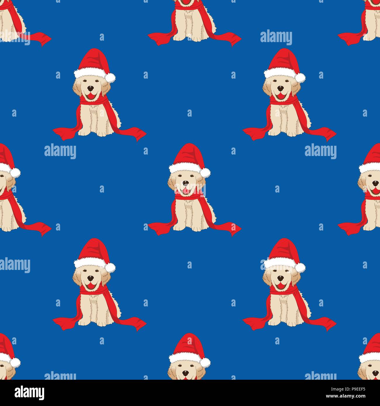 Labrador Retriever with Santa Hat Seamless on Blue Background. Vector ...