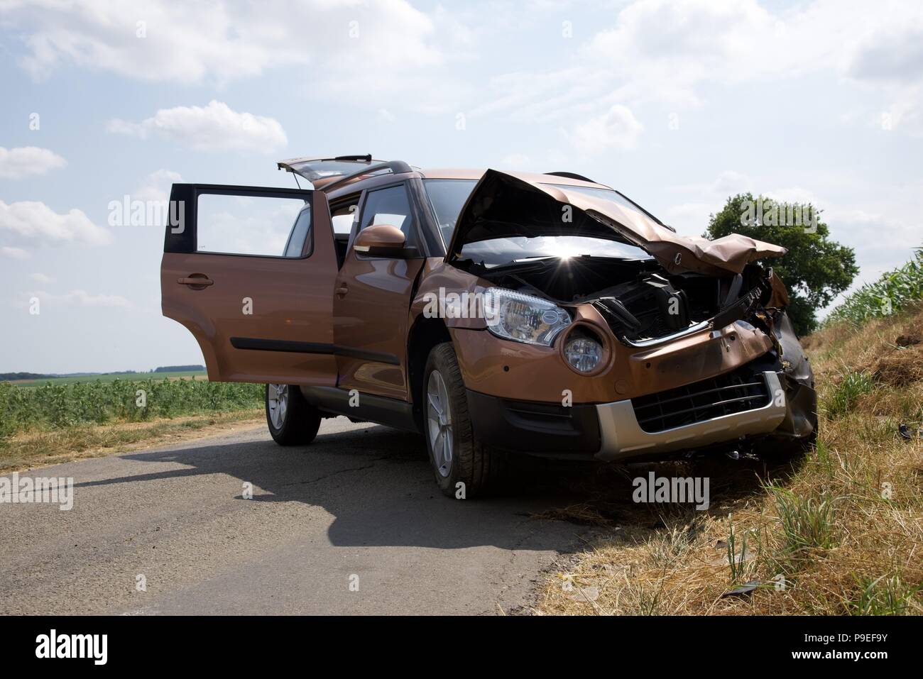 Car crash: the aftermath of a head-on collision (no injuries) on a ...