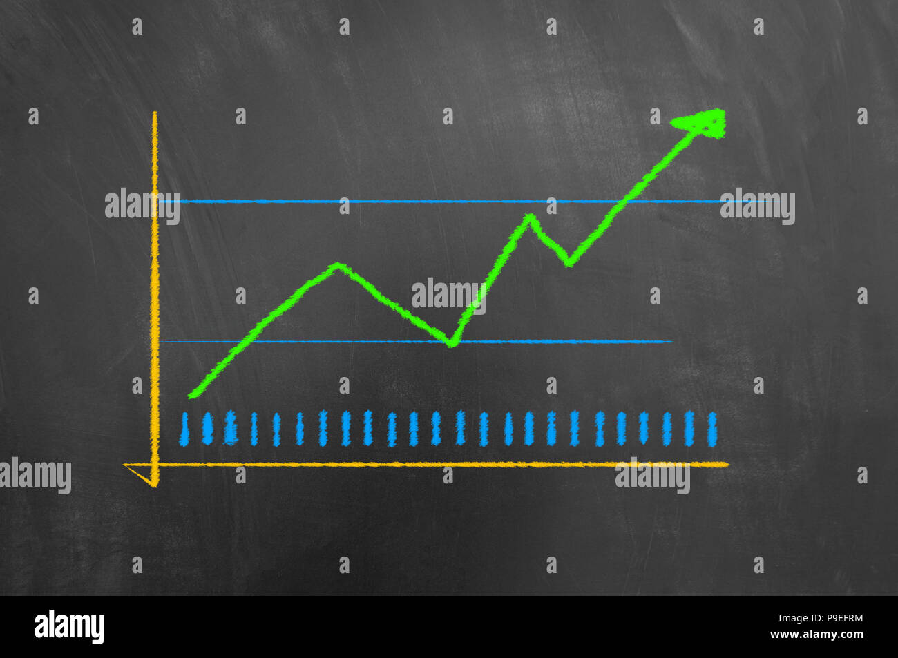 Colorful chart graphic with arrow up drawn on chalkboard or blackboard ...