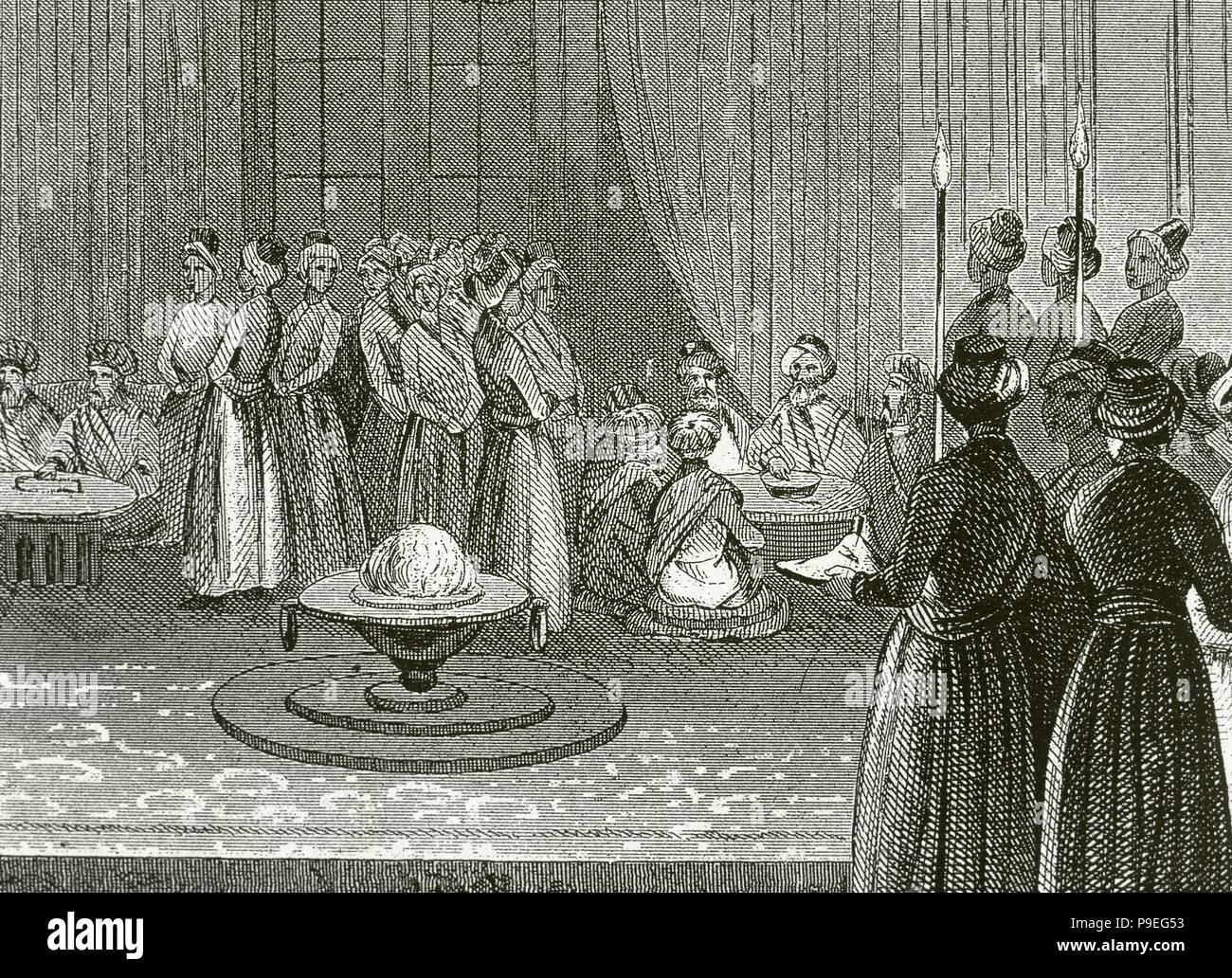 Ottoman Empire. Banquet held at the court of Topkapi Palace. Engraving ...