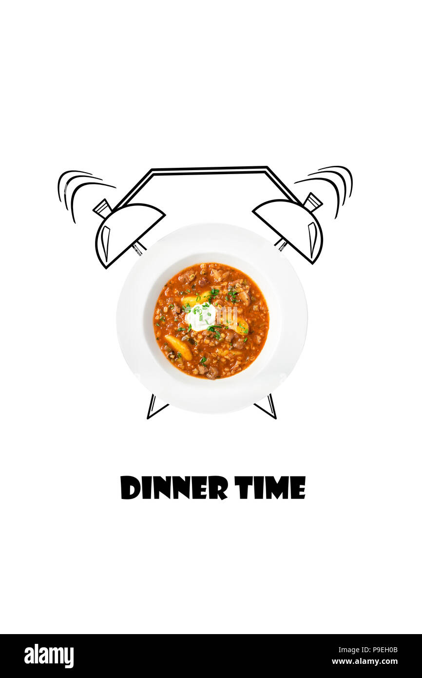 White bowl of hot soup and alarm clock hand drawn illustration isolated ...