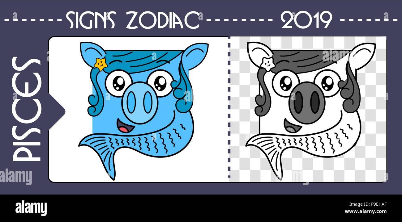 Horoscope zodiac symbol 2019 year of a pig pisces. Flat сartoon сhinese ...