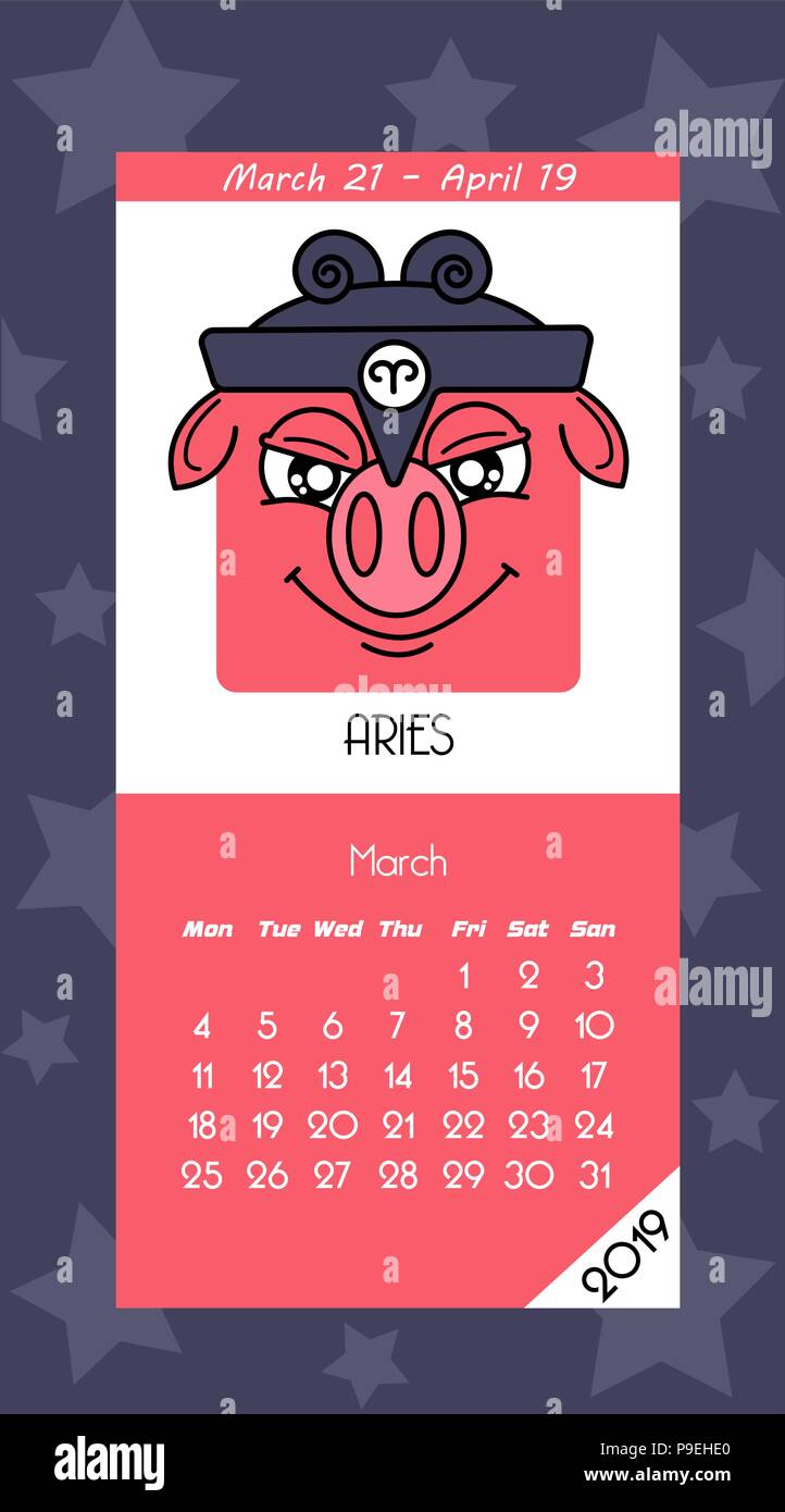 Calendar 2019 with horoscope signs zodiac symbols. flat colored ...