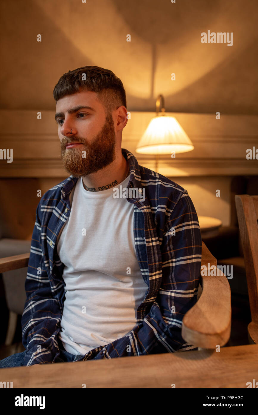 Portrait handsome bearded man wearing plaid shirt at modern cafe Stock ...