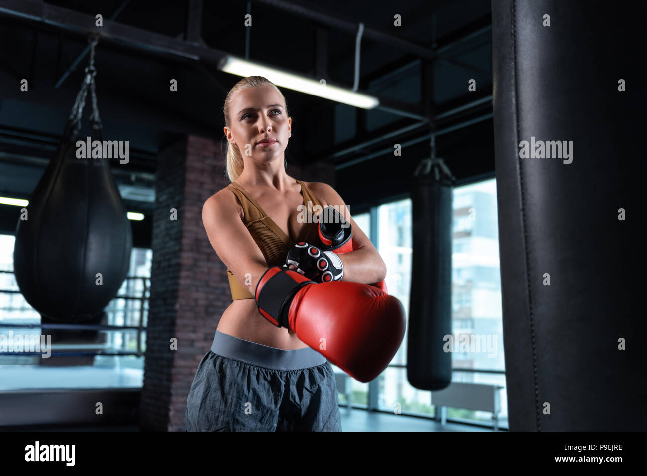 Beautiful female boxer standing surrounding by punching bags Stock ...