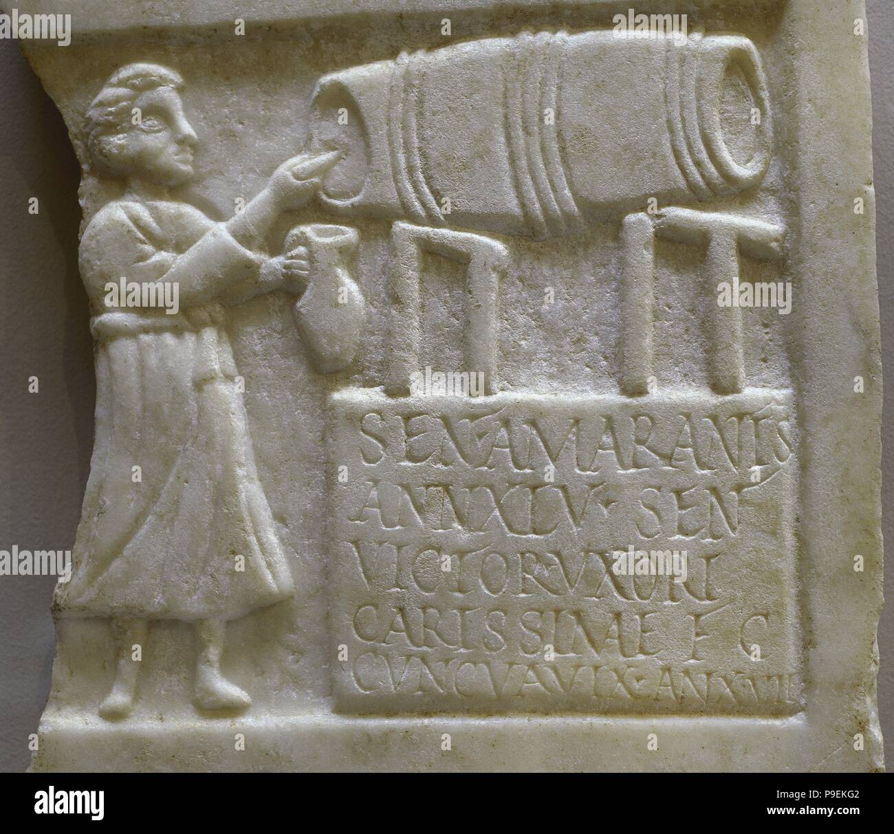 Funerary stele of Sentia Amarantis. The figure of the innkeeper appears ...