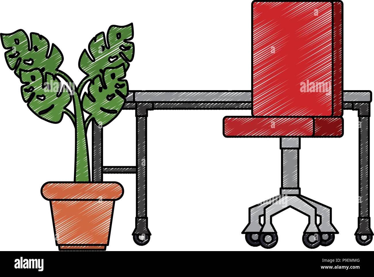 office workplace with desk and plant scene Stock Vector Image & Art - Alamy