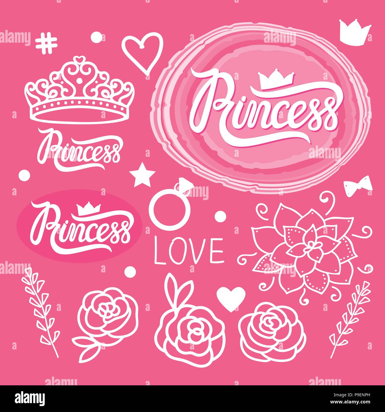 Vector Set of design elements for girls. Hand drawing. Princess style ...