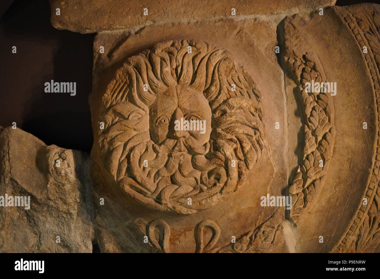 A sculpture in the Roman baths in Bath, UK. Photo date: Friday, July 6 ...