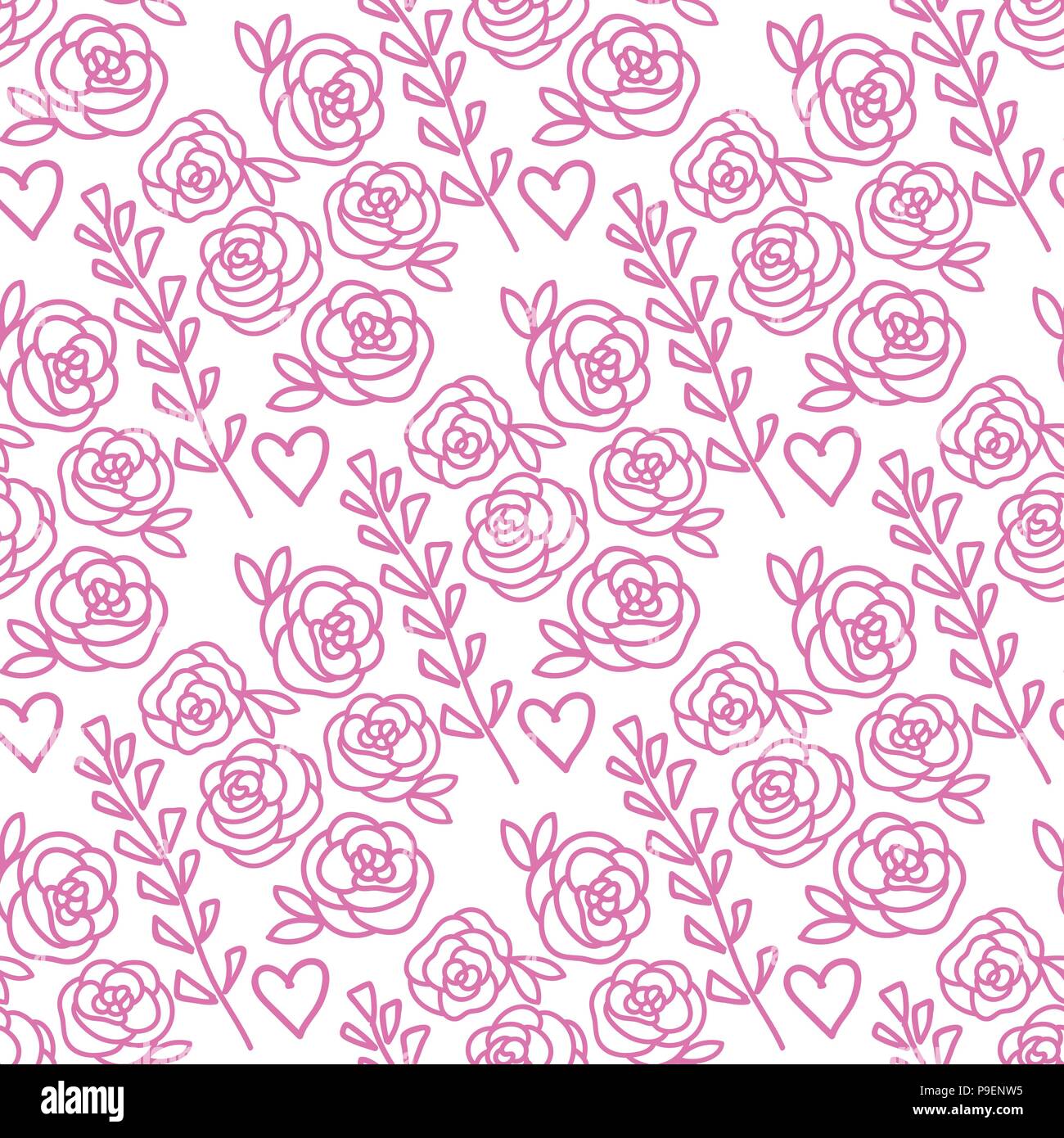 Vector Roses and lavender flowers hand drawn seamless pattern. Pink ...