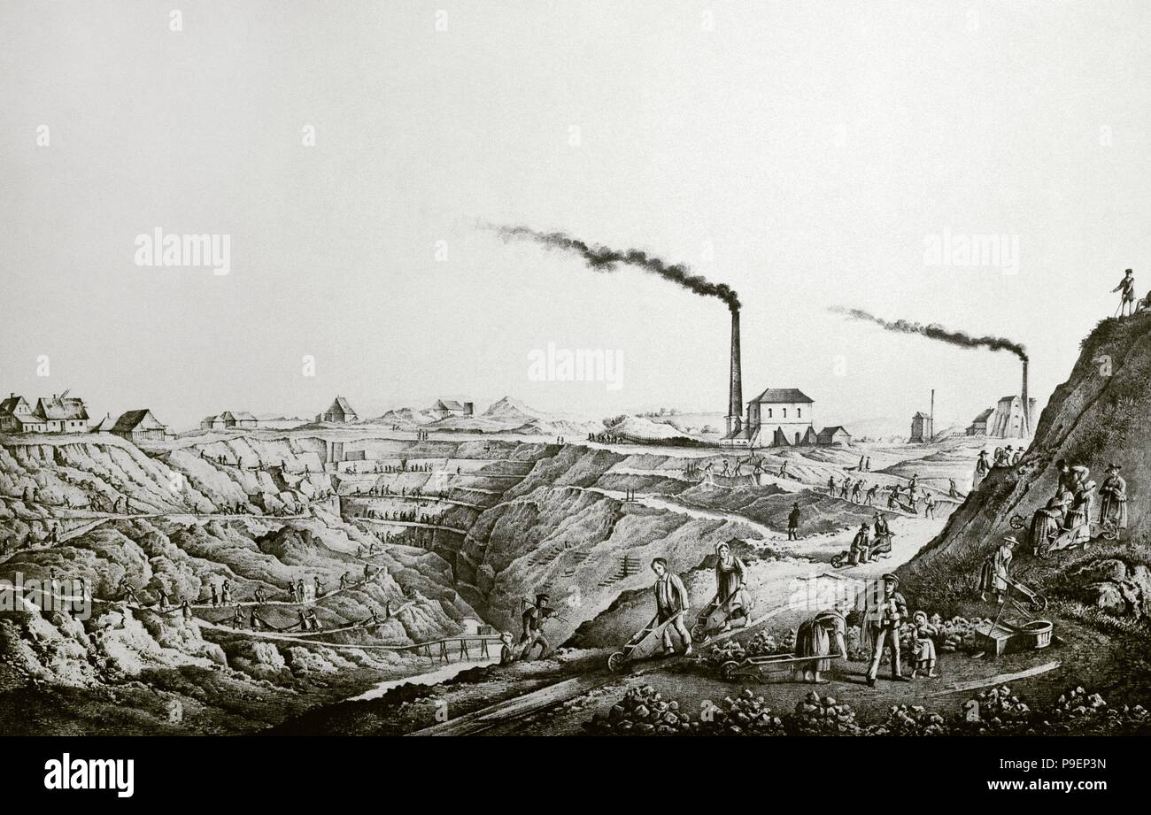 History of Mining. 19th century. Panorama of the Scharley zinc ore mine ...