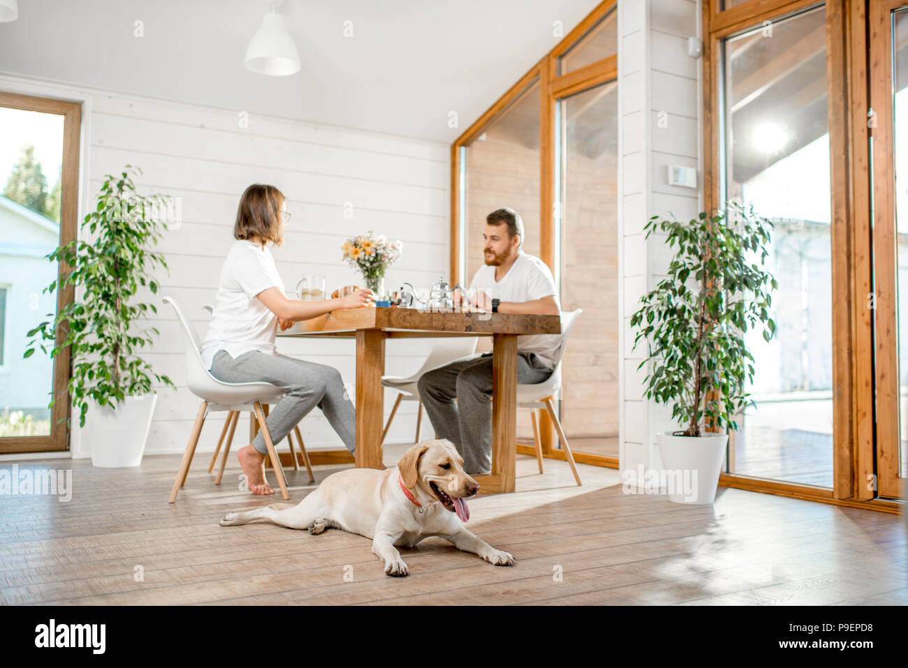 Couple with dog in the house Stock Photo - Alamy