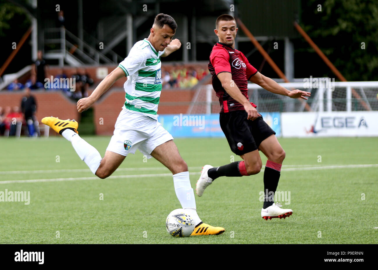 The New Saints Dean Ebbe (left) Shkendija's Visar Musliu battle for the ...