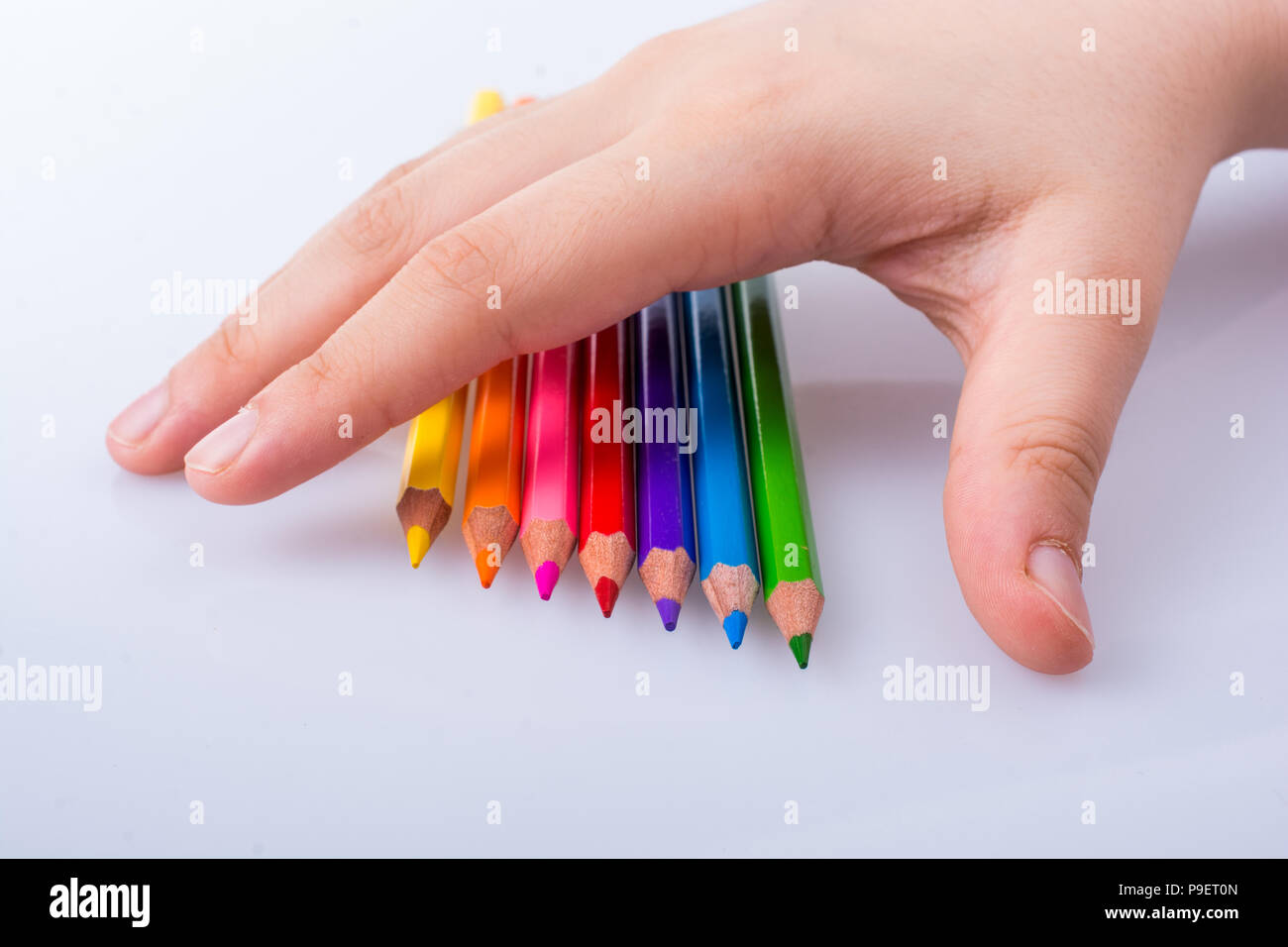 Hand holding color Pencils placed on a white background Stock Photo - Alamy