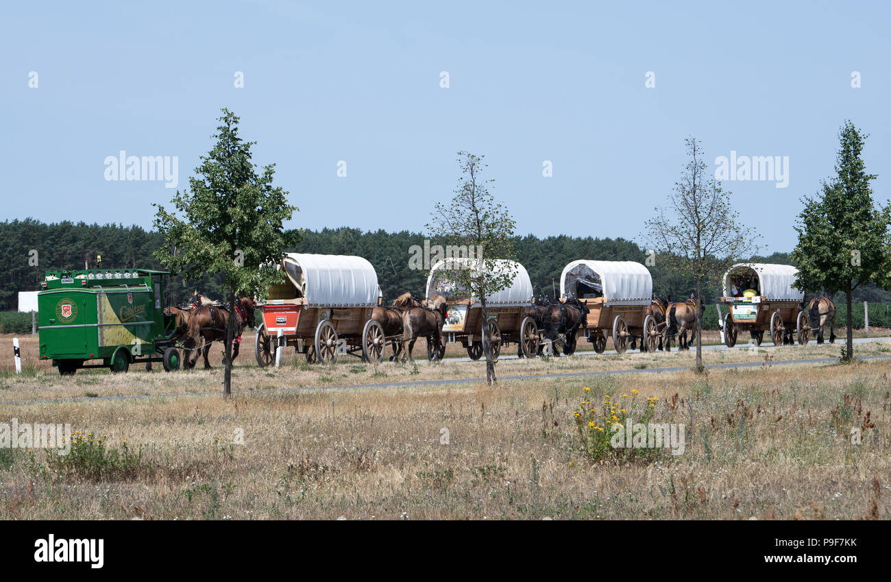 18 July 2018, Borgwalde, Germany: Plan wagons can be seen on a street ...