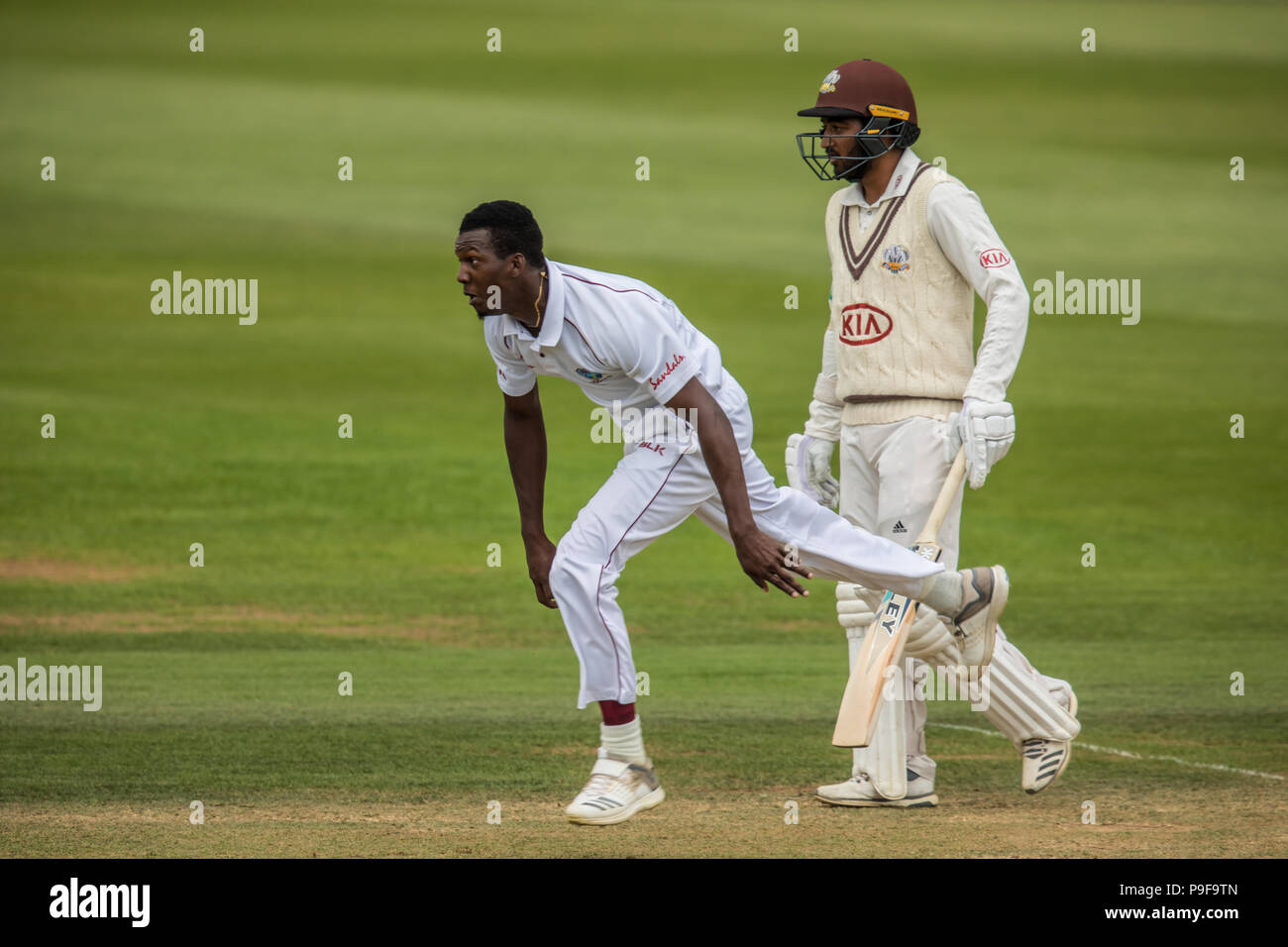 London,UK. 18 July, 2018. Sherman Lewis bowling for the West Indies ‘A ...