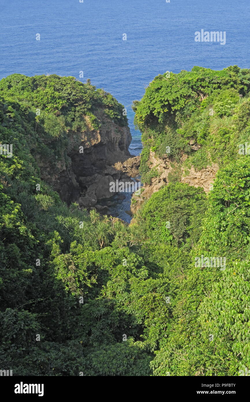 stream valley entering the sea through eroded cliffs Lanyu Island ...