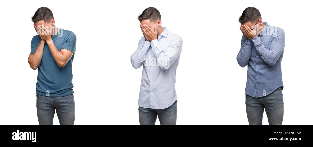 Handsome young man wearing different outfits with sad expression ...