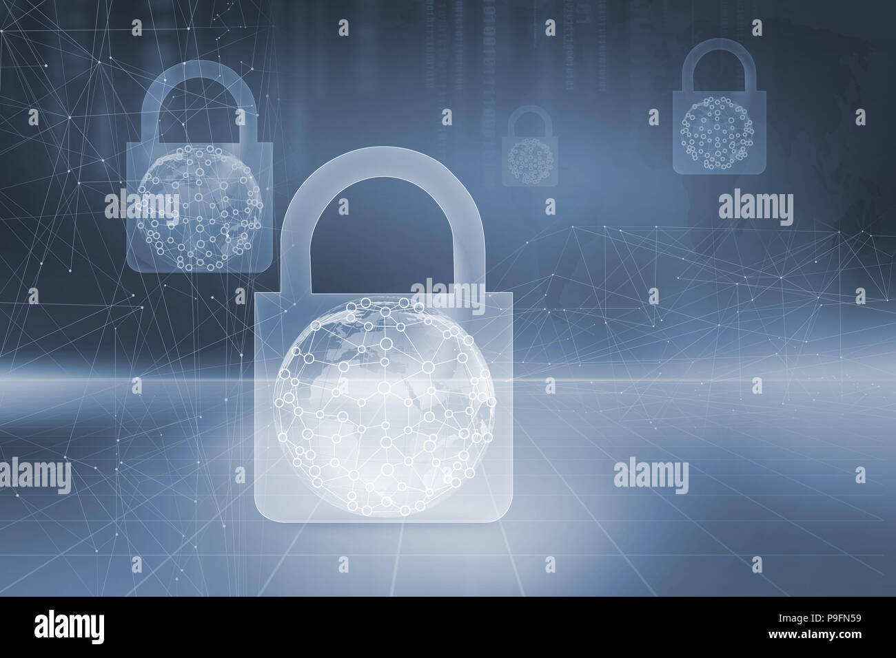 Security signs around the connection lines around earth globe, global ...