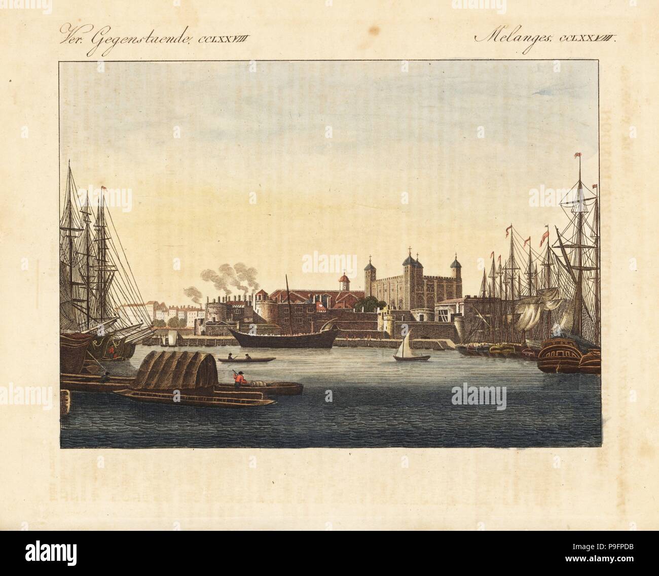 View of the River Thames and the Tower of London, 1820. Handcoloured ...