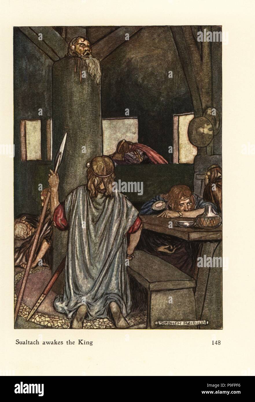 Sualtach, father of Cuchulain, awakes the King. Chromolithograph after ...