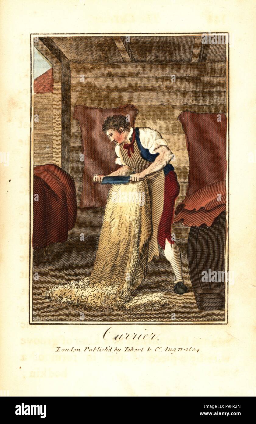 Currier shaving animal hides with a knife to make leather for shoes ...