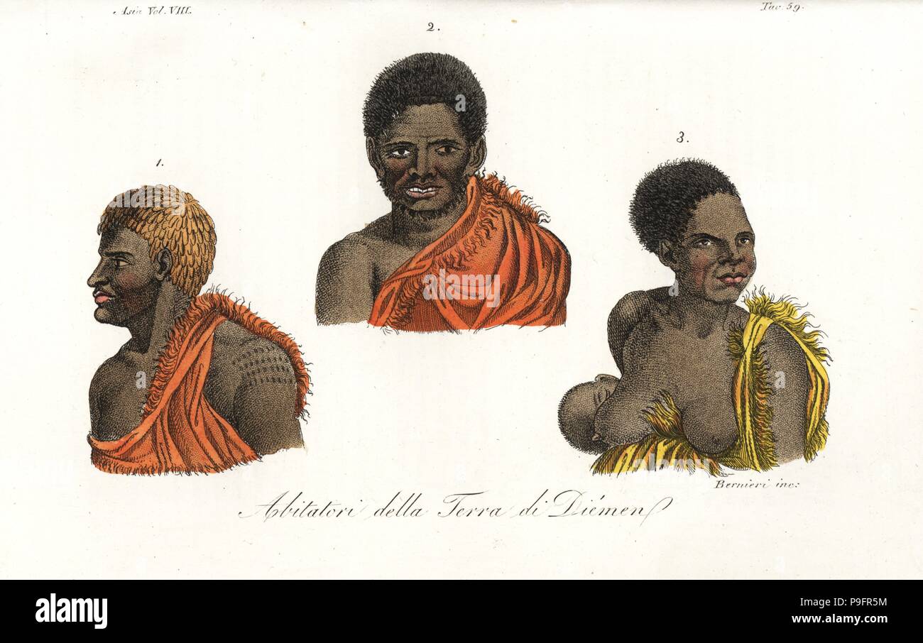 Tasmanian aborigines: man with red hair Ouriaga, man in cape Paraberi ...