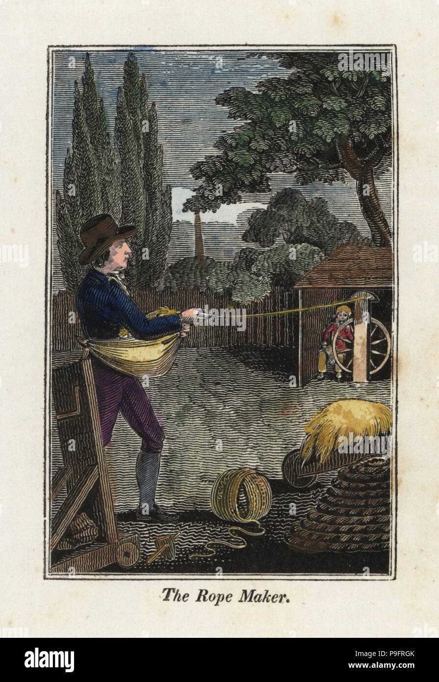 Rope maker twisting rope yarns together on a rope walk while an ...