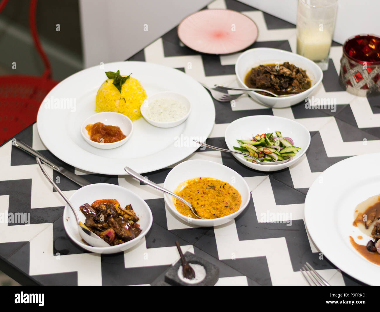 Traditional Sri Lankan curry with saffron rice, lentils, spices and ...