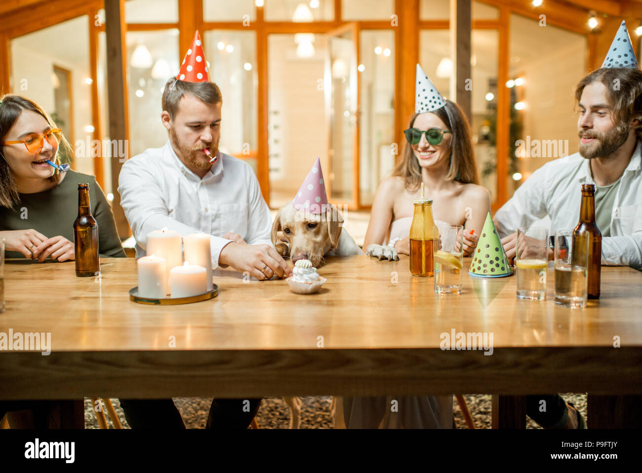 Friends celebrating dog's birthday Stock Photo - Alamy