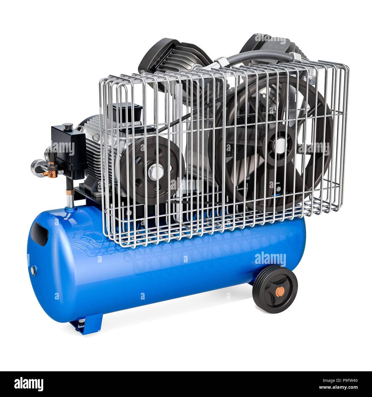 Blue portable air compressor, 3D rendering isolated on white background ...
