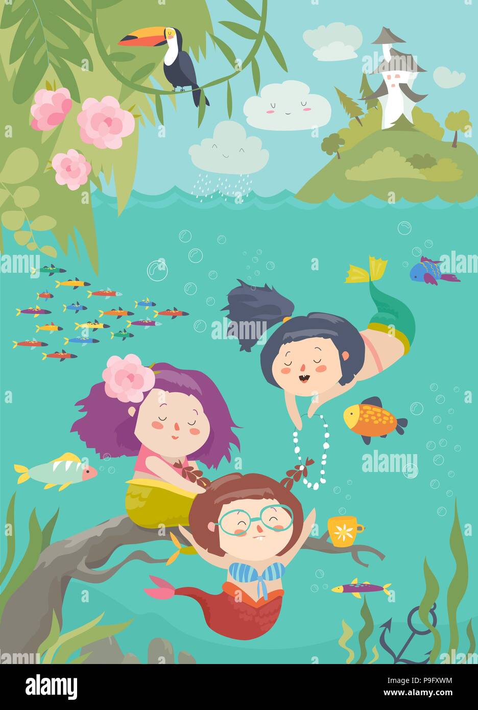 Illustration beautiful mermaid castle fish hi-res stock photography and ...