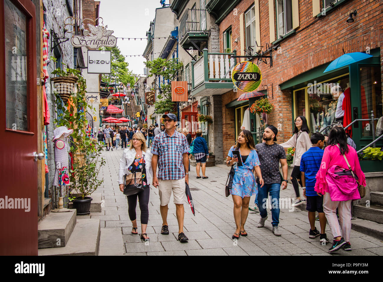 Famous historic shopping street Petit Champlain in Quebec City Canada ...