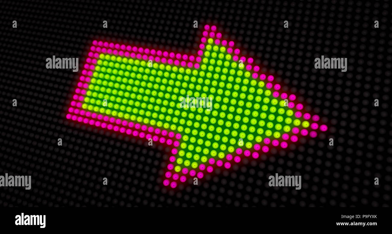 Big illuminated arrow sign built of light bulbs LED. Neon arrow symbol ...