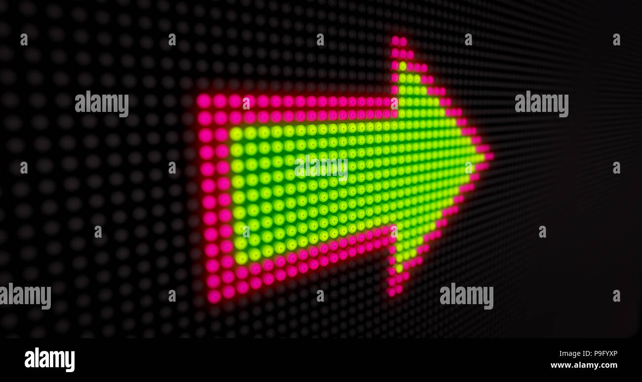 Big illuminated arrow sign built of light bulbs LED. Neon arrow symbol ...