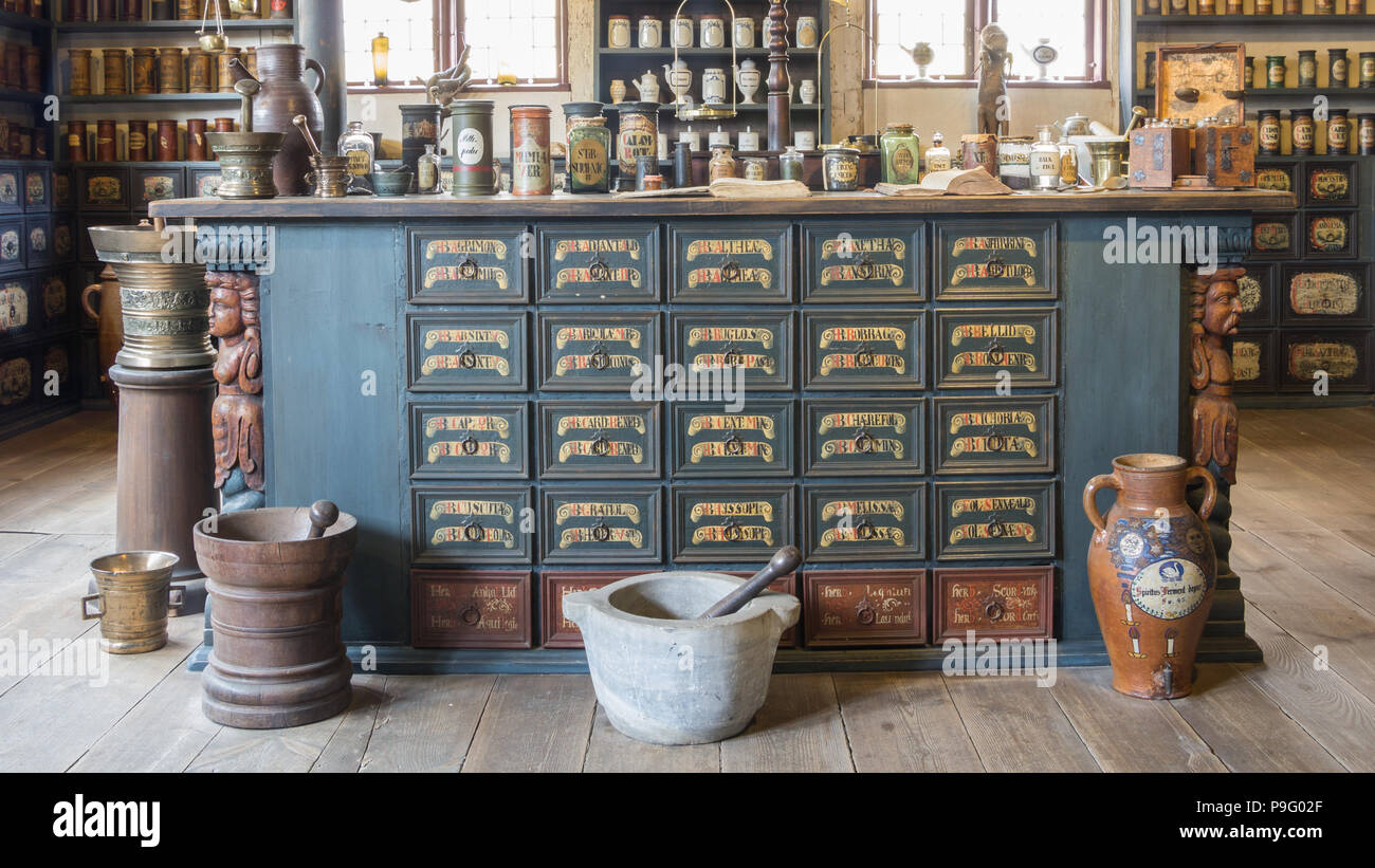 Medieval pharmacy shop in the old town Den Gamle By in Aarhus Stock ...