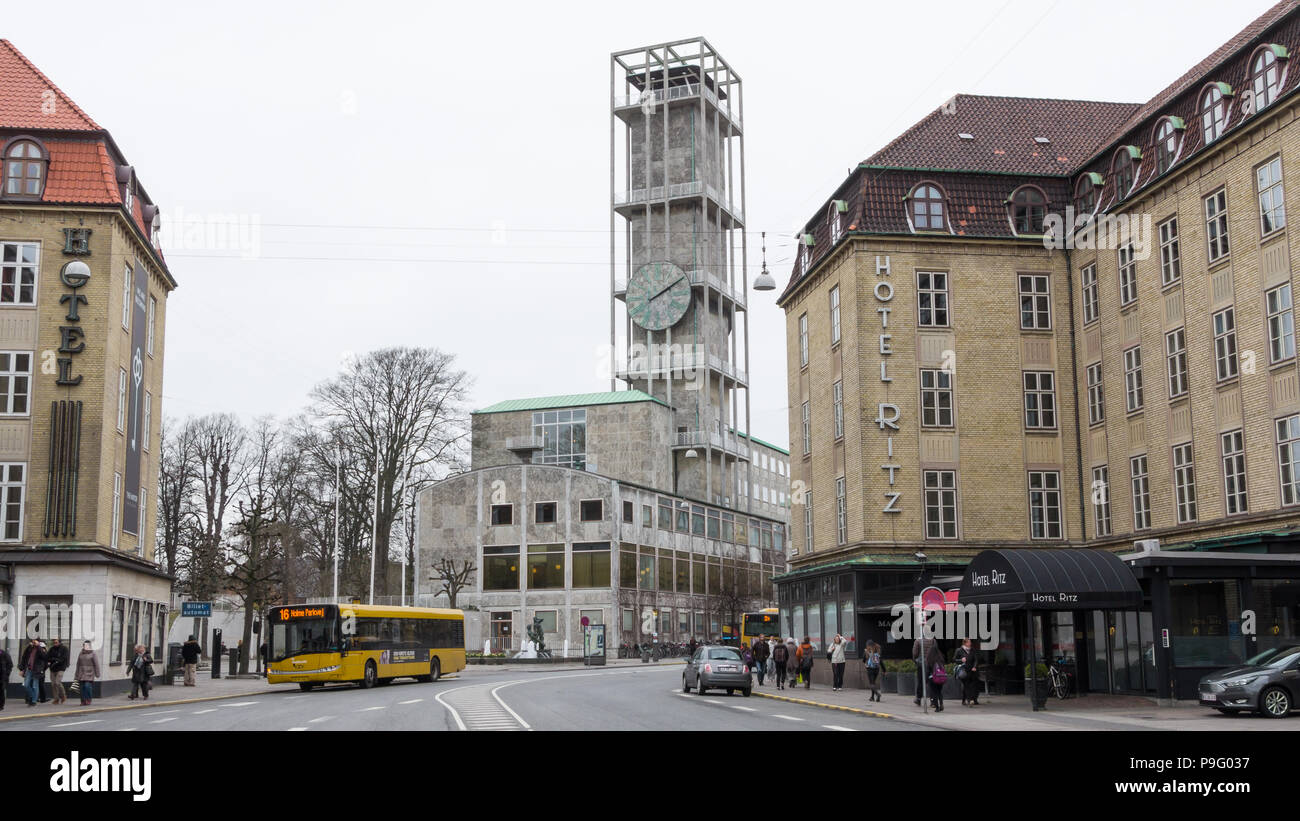 View on the center of Aarhus with the clock tower of the old city hall ...