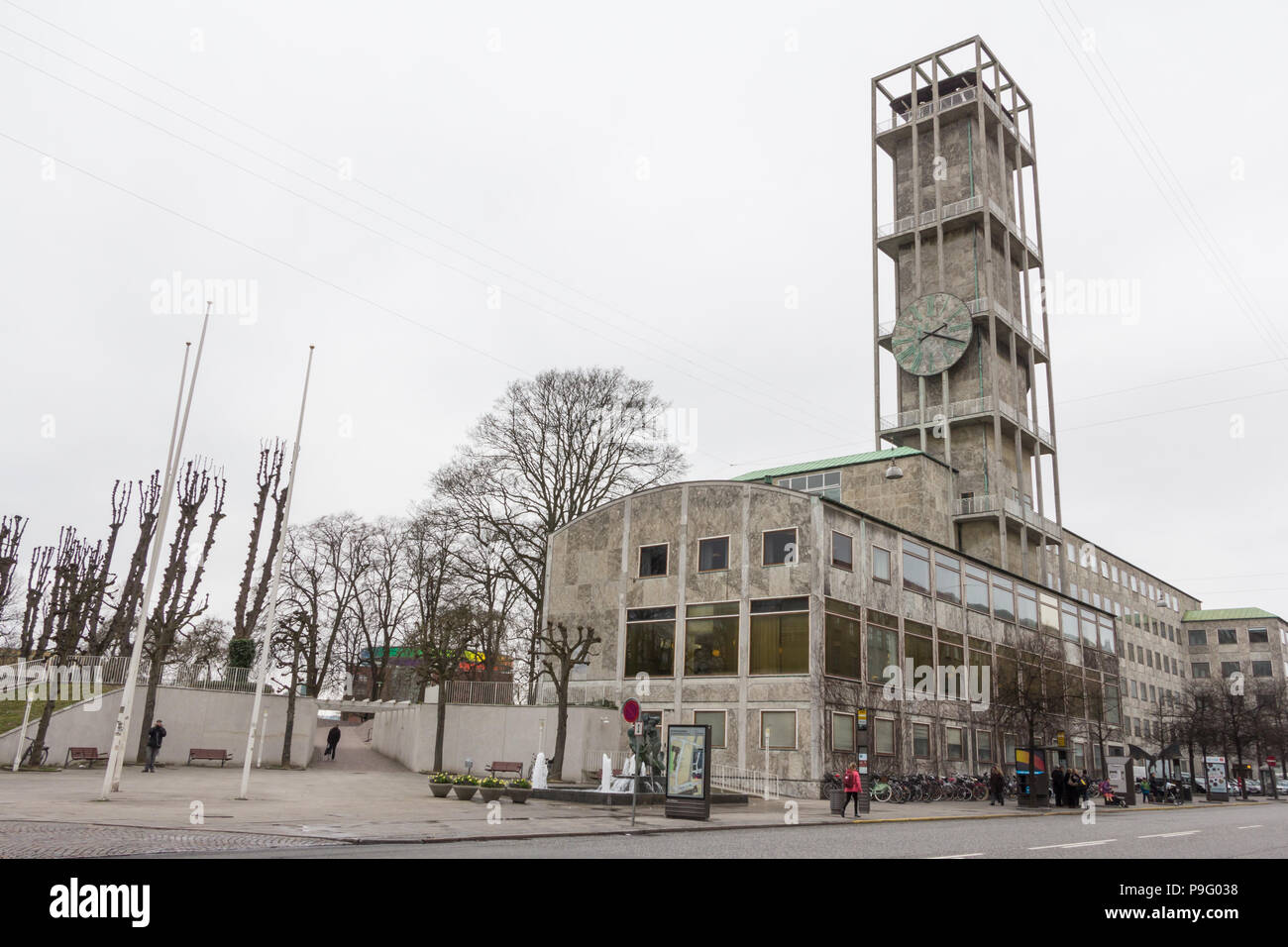 View on the center of Aarhus with the clock tower of the old city hall ...