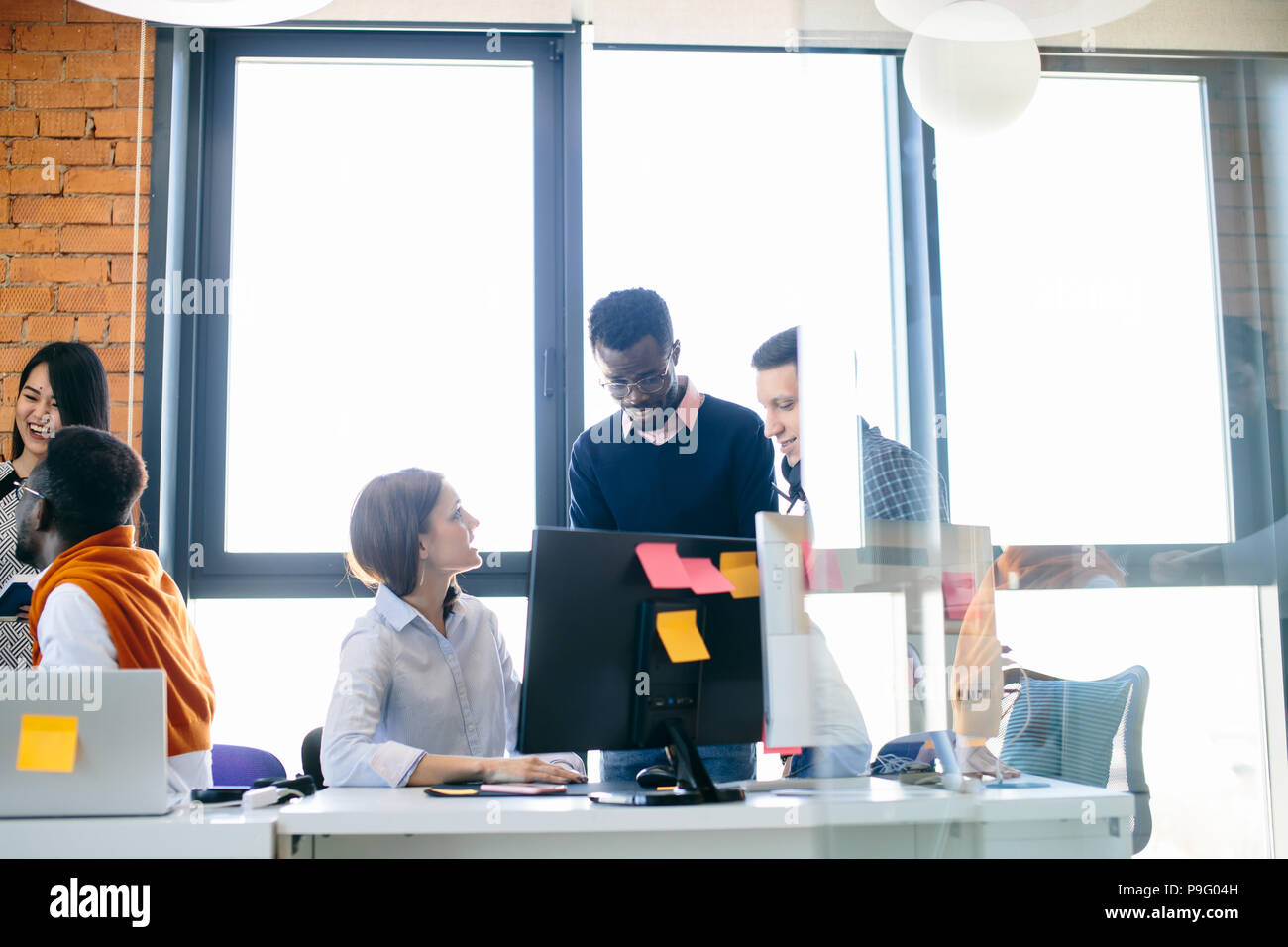 new beautiful female employee with fair hair is passing a probation in ...