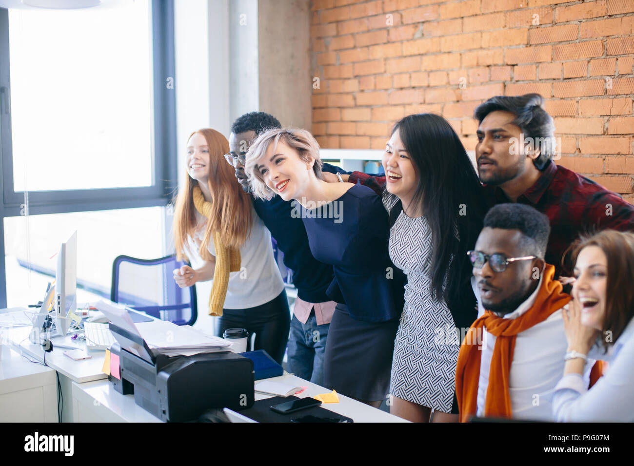 close up side view photo of young ambitious team celebrating victory of ...