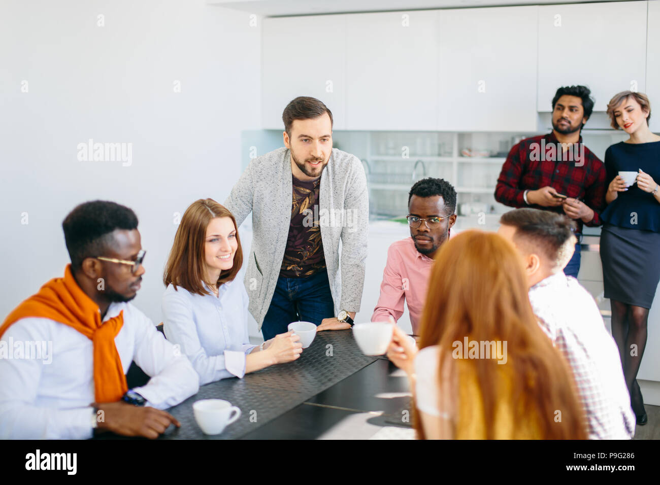 closeup portrait of ambitious group of business People chatting ...